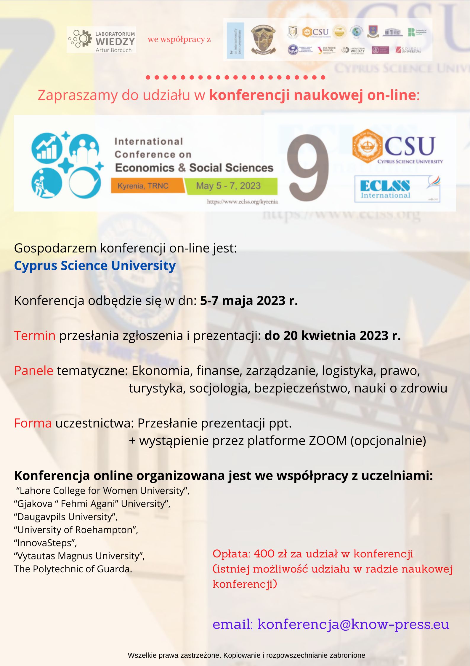 (Polski) Międzynarodowa Konferencja Naukowa organizowana przez Cyprus Science University – 5-7 ...